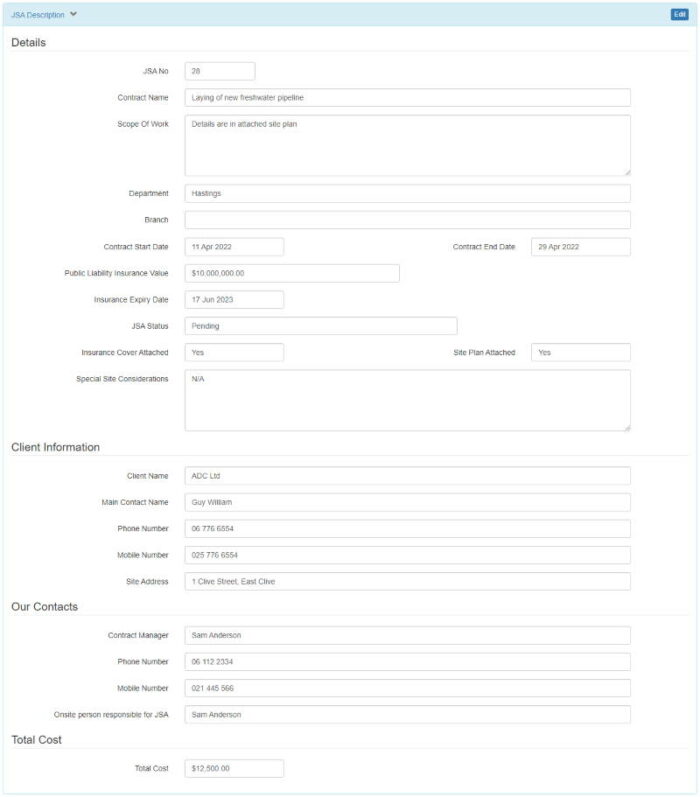 JSA Module - the JSA Details section - Hasmate